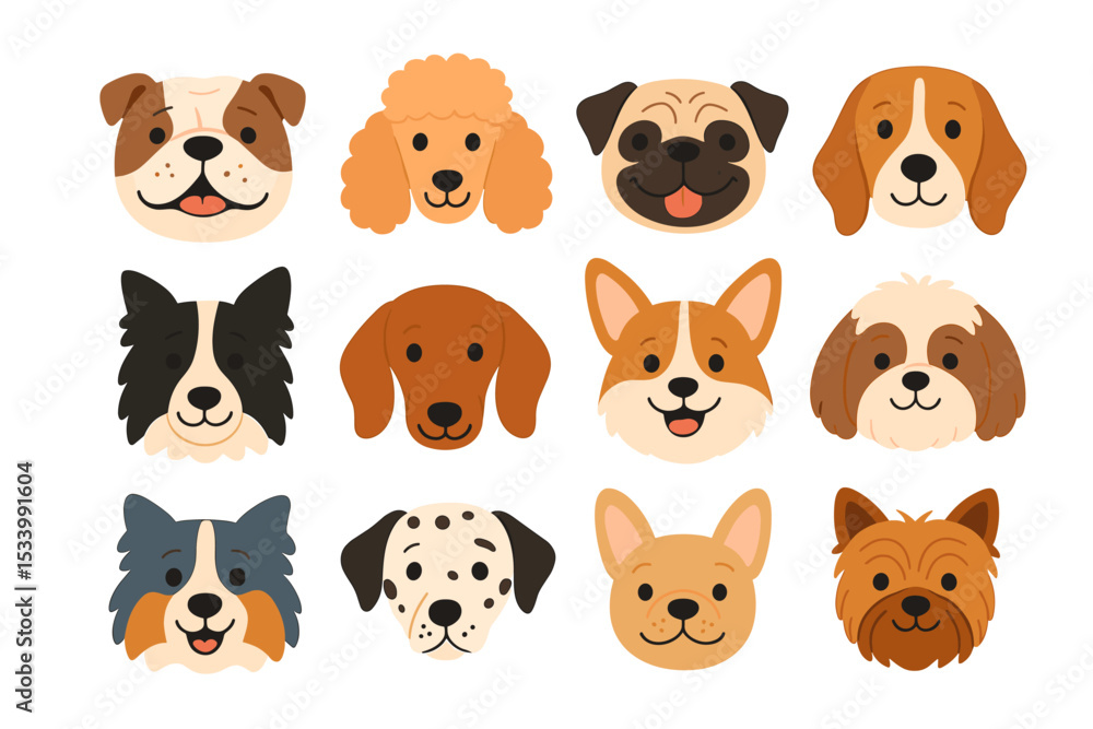 Cute dog faces collection. Set of cartoon puppy head icons. Vector ...