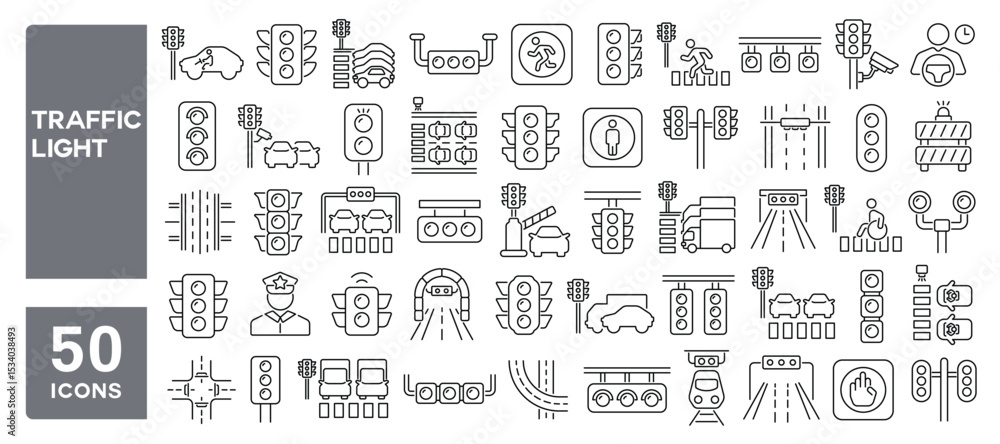 Set of 50 line icons related to traffic light, control, signal ...