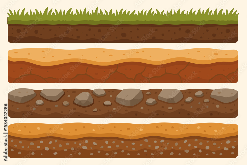 Cartoon ground layers vector set. Underground soil cross section with ...