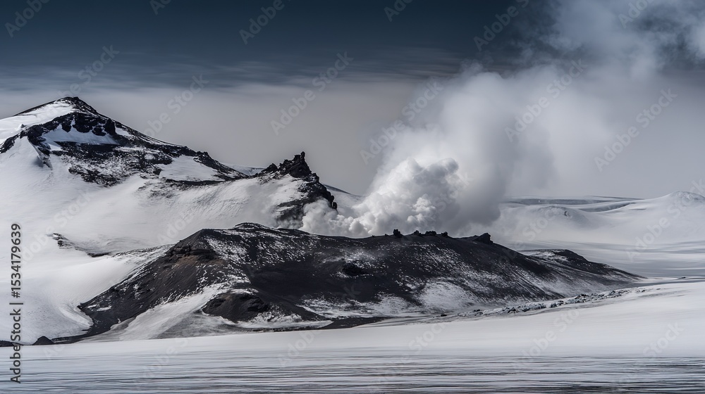 Stark Icelandic Volcano with Swirling Smoke Against Pristine Glacial ...