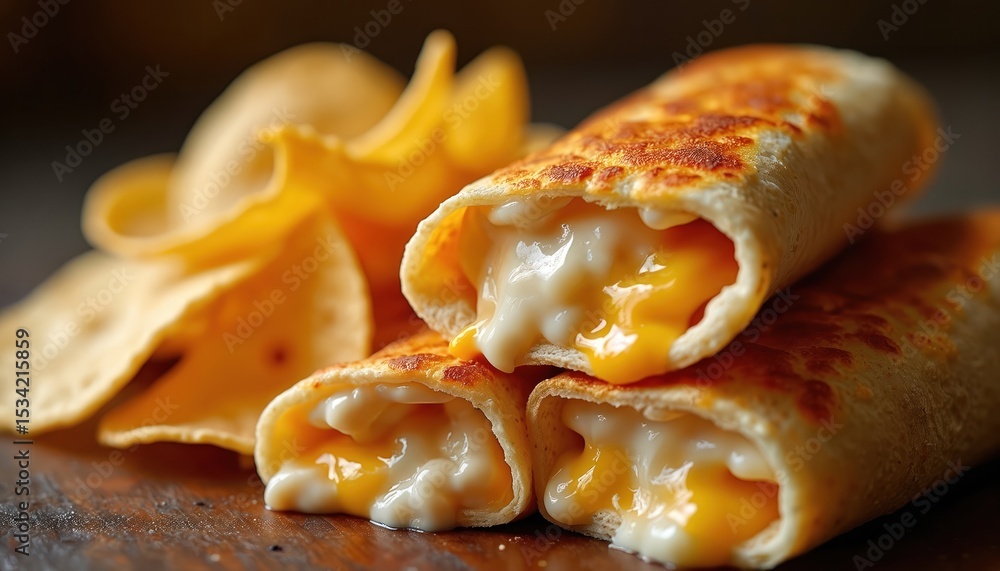 Melted cheese filled wraps served with crispy golden chips. Delicious ...