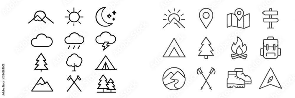 Vector flat illustration of outdoor elements including mountains ...