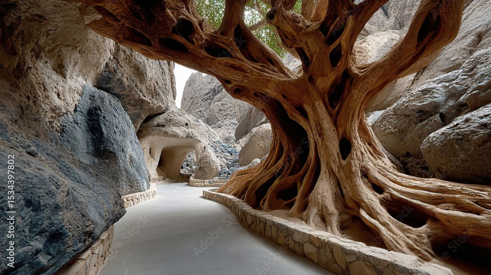 Giant tree root system exposed by erosion, intricate wooden ...