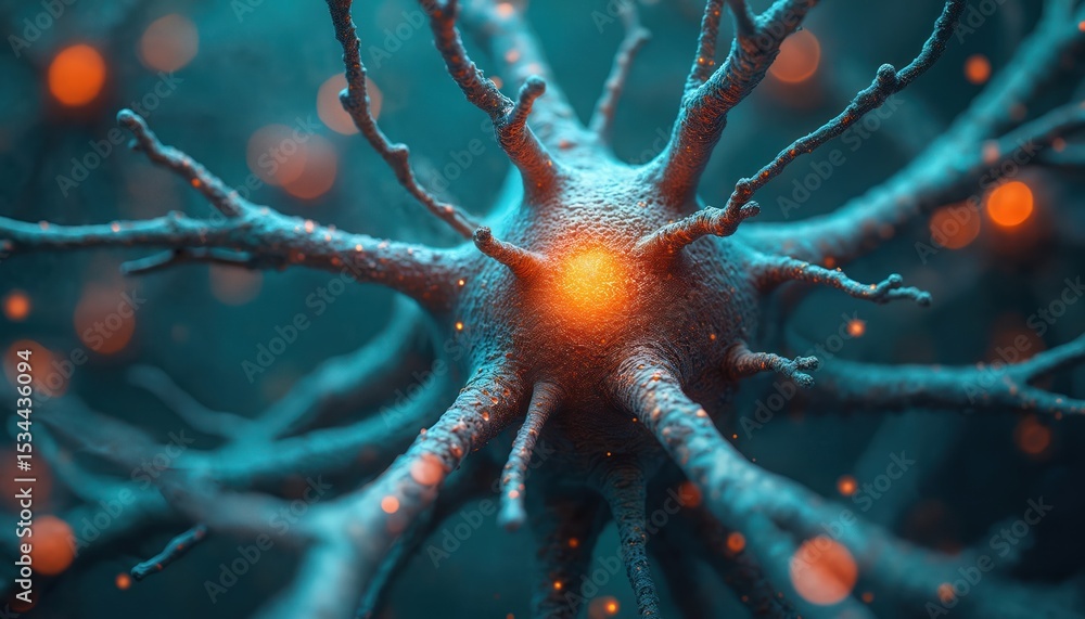 Artistic neural network structure with axons dendrites soma. Close-up ...