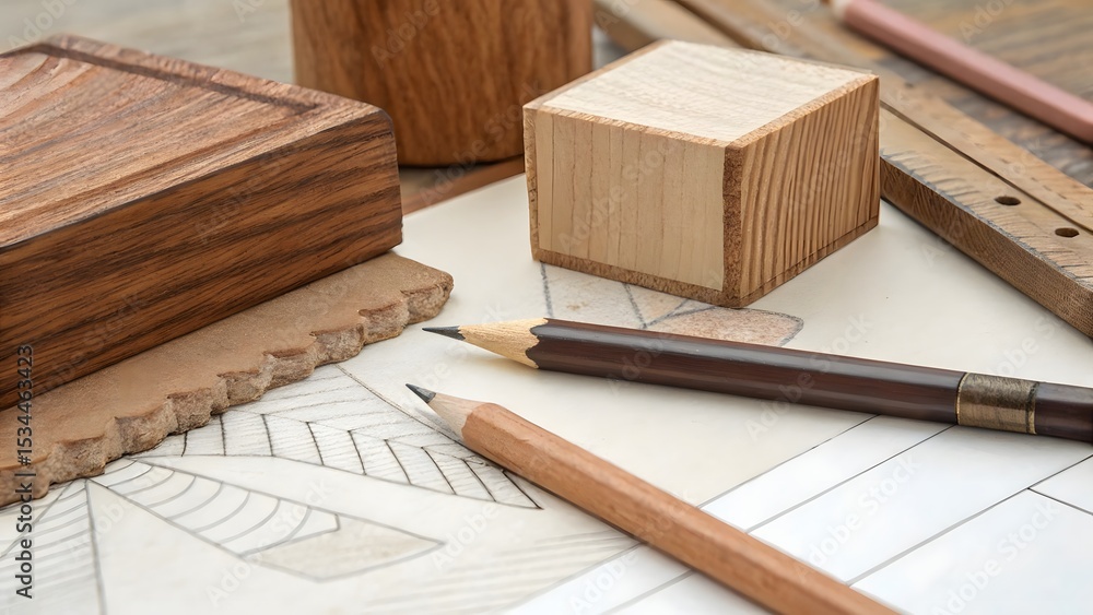 Wooden objects and pencils on drafting plans illustrating design and ...