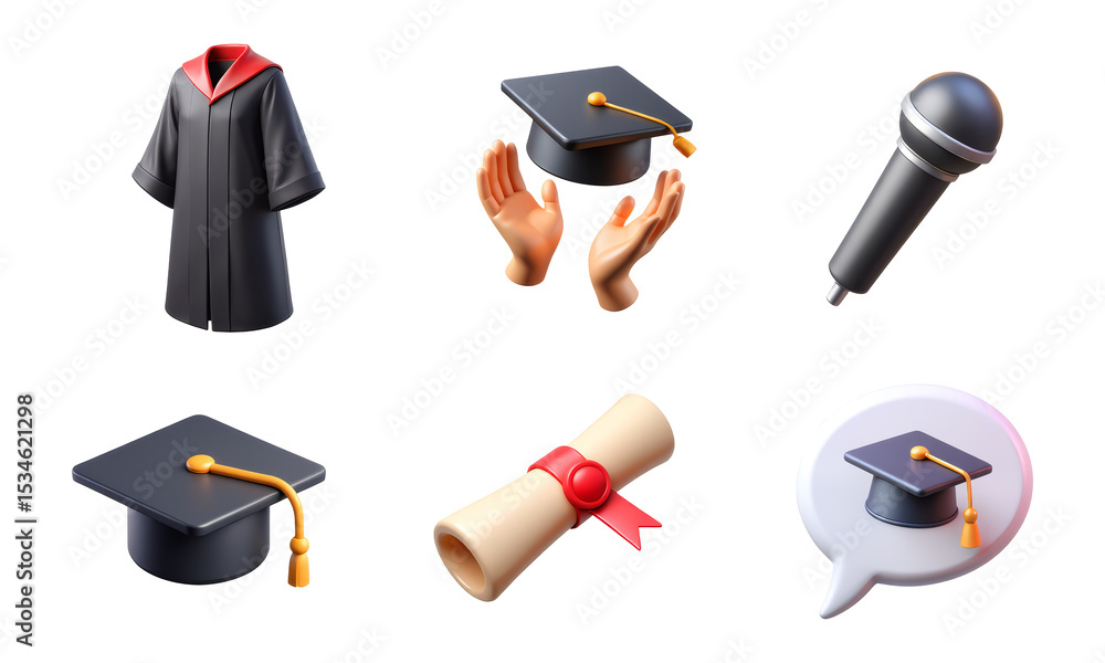 Graduation Gown, Cap, Microphone, Diploma Scroll, Speech Bubble, Set of ...