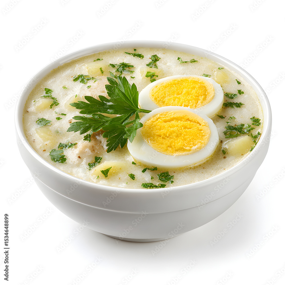 Single serving of zurek with sliced egg and parsley over a pure white ...