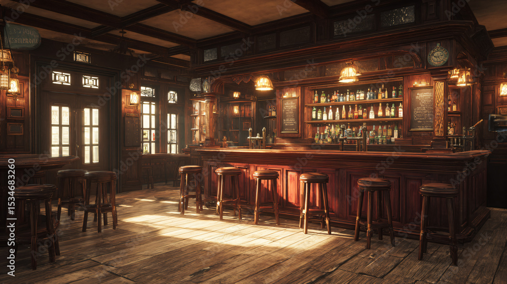 Traditional or British style bar or pub interior, with wooden paneling ...