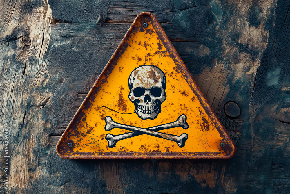 Yellow triangular sign. Grungy style danger sign with skull and cross ...