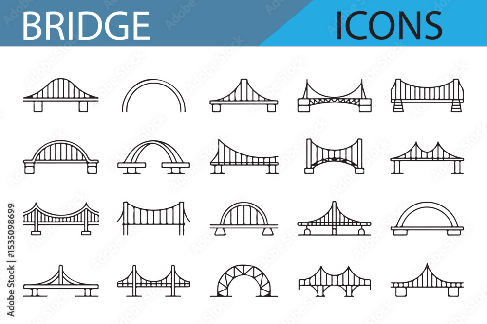 Icon collection of various types of bridges, ideal for projects related ...