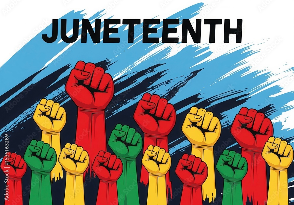 Ilustrace Ten raised fists in red, yellow, and green colors ...