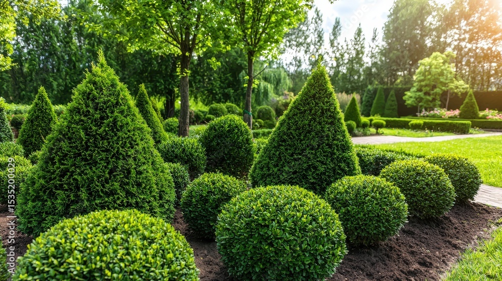 Stock-Foto „English garden trees bushes trimmed in geometric correct ...