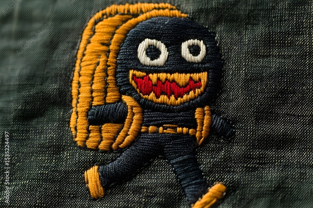 Minimalist embroidery depicting a ninja with a ninja acid face smiling ...