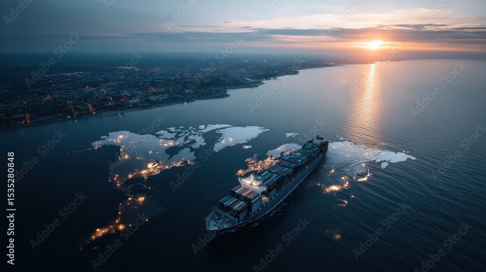 Aerial view of a cargo ship navigating through ocean with illuminated ...