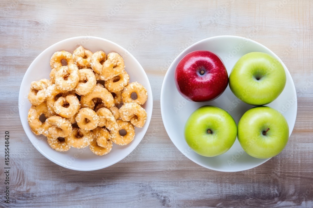 comparing unhealthy snacks vs healthy options Stock Photo | Adobe Stock