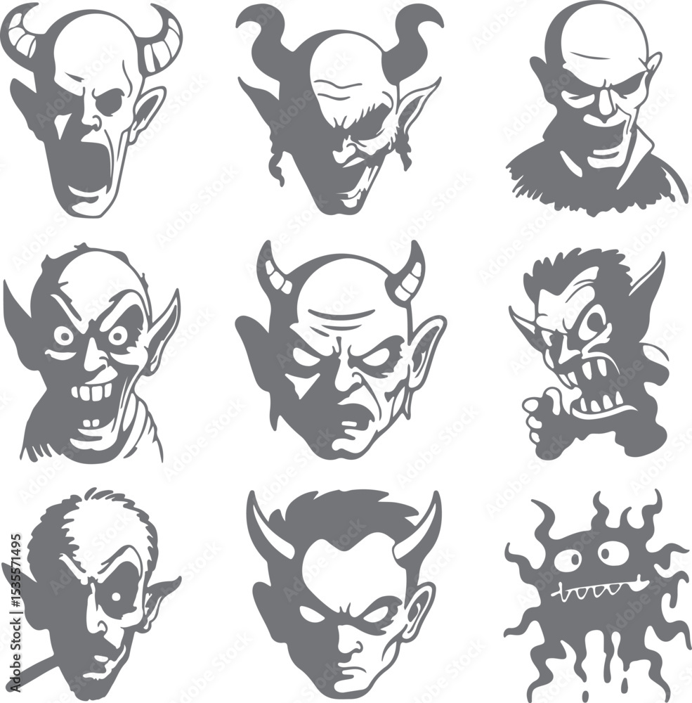 Stock-Vektorgrafik „Nine Gray Scale Devilish Silhouette Heads and One ...
