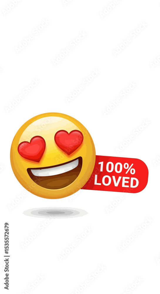 Heart-Eyed Emoji with 100% Loved Label - Flat Cartoon Stock Vector ...