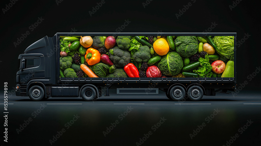 Stock-Foto „Fruit and vegetable cargo on the side of a truck with data ...