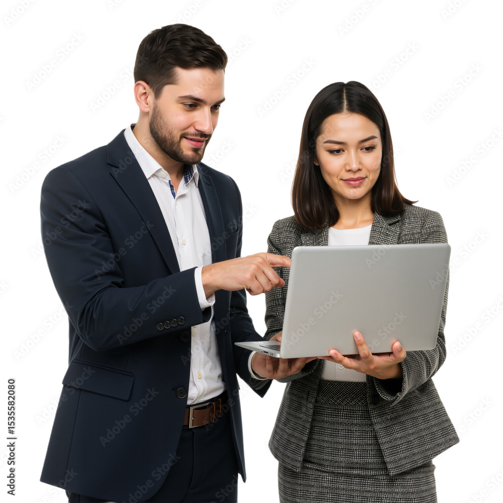 Corporate team collaboration, Confident Business Team Holding laptop on ...