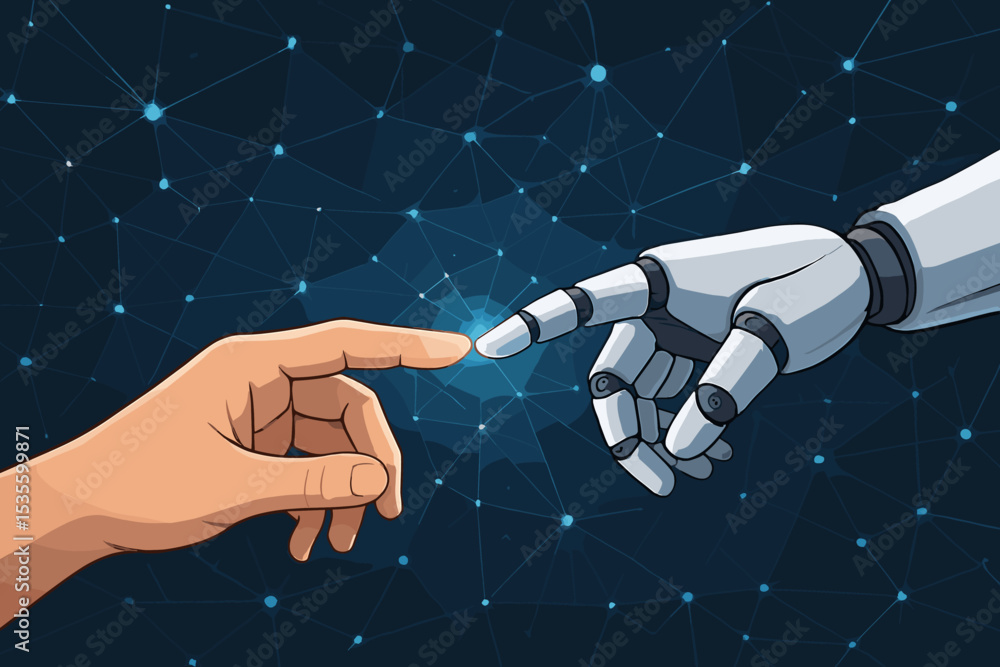 Robot and human hands touching. Artificial intelligence connection. The ...