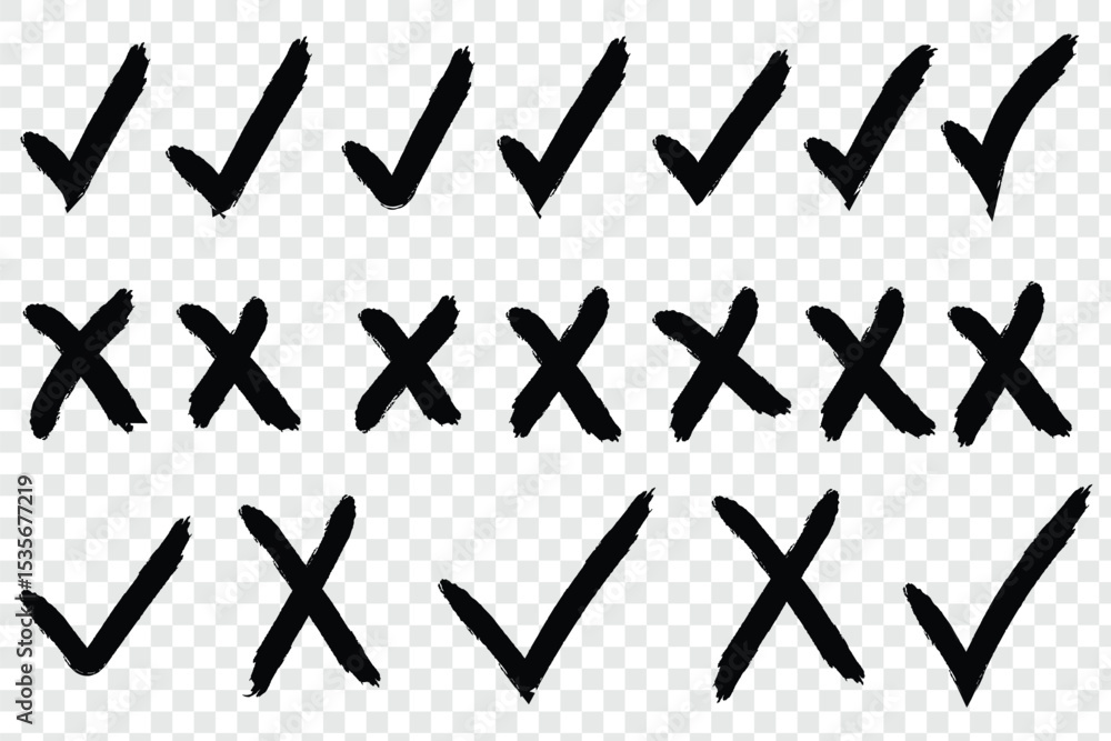 Hand drawn right and wrong vector sign in brush stroke outline shape ...
