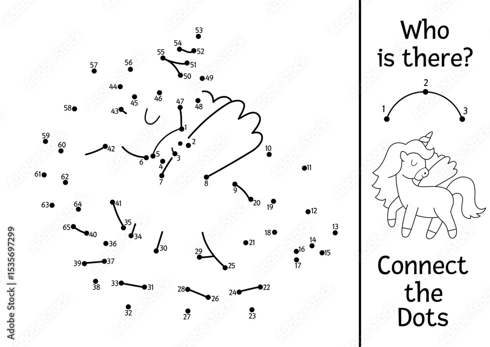 Vector black and white fairyland dot-to-dot activity with unicorn ...