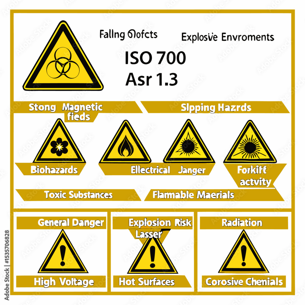 This vector set features yellow triangle warning signs with black icons ...