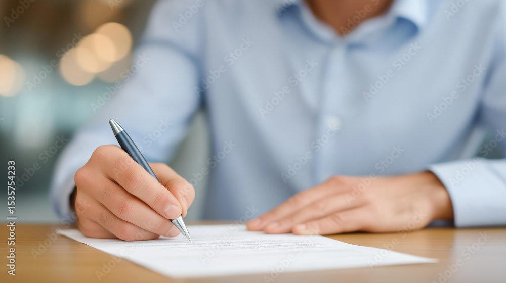 Signing a formal agreement at a desk with documents and a pen Stock ...
