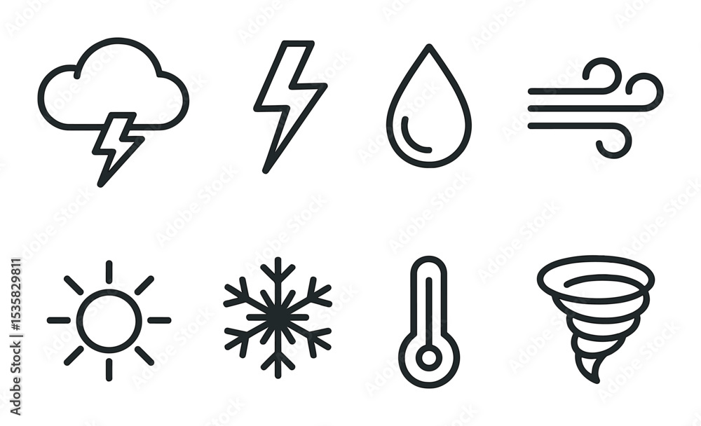 Weather alerts in linear style: storm cloud, lightning bolt, raindrop ...