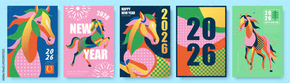Set of modern vertical New Year card designs for 2026, featuring a ...