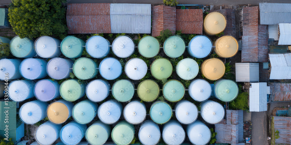 Circular tanks of various pastel colors are aligned in rows outdoors ...