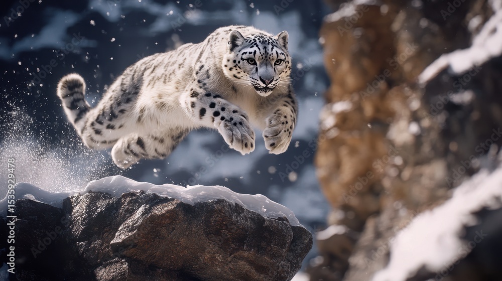 Snow leopard launches into the air while leaping between icy ledges in ...