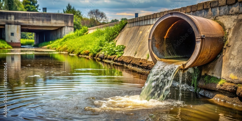 Industrial waste water discharge pipe into the canal with polluted ...