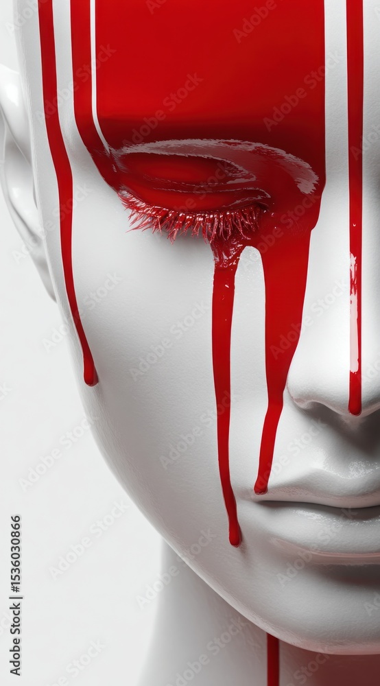 Dramatic portrait of a white face with red liquid dripping from the ...