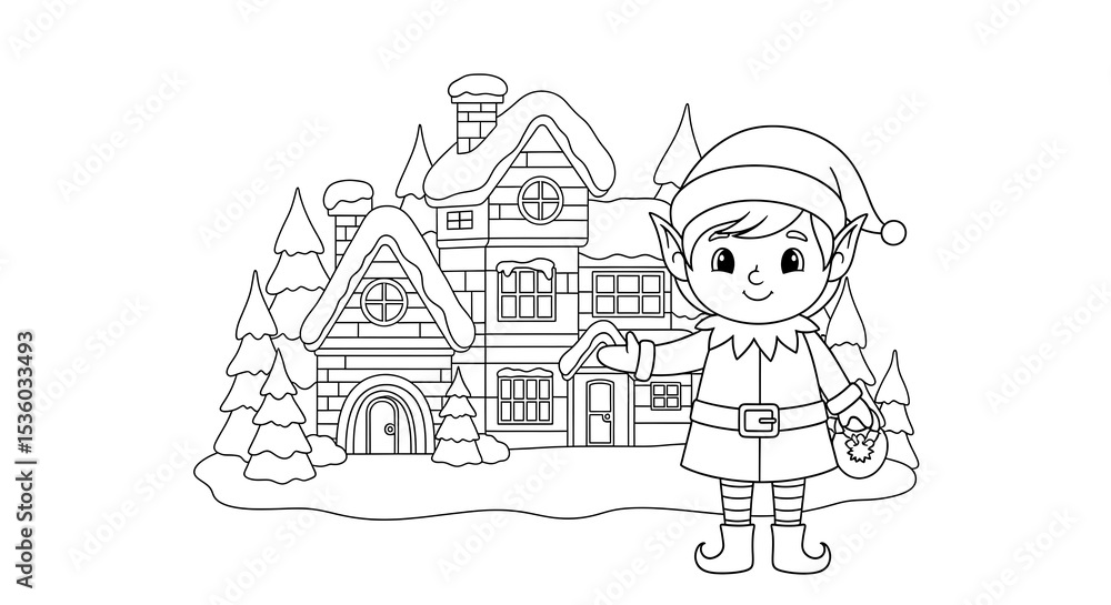 Christmas elf coloring page for kids winter holiday scene activity ...