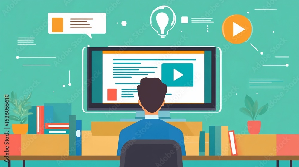 Online learning and education concept with person watching video ...