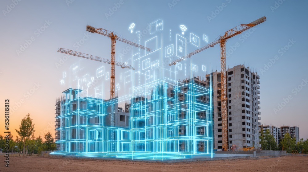 Smart Building Construction: Futuristic building construction site with ...