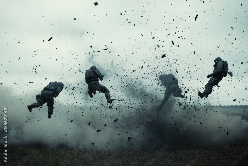 Soldiers falling on the battlefield in slow motion during intense ...