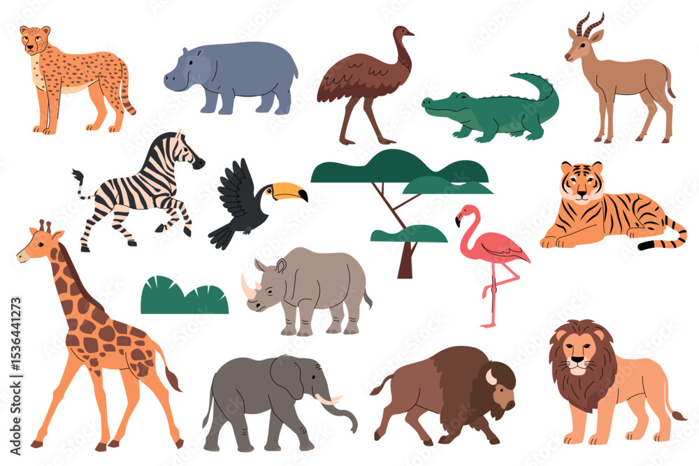 African animals collection, flat vector illustration. Cheetah, hippo ...