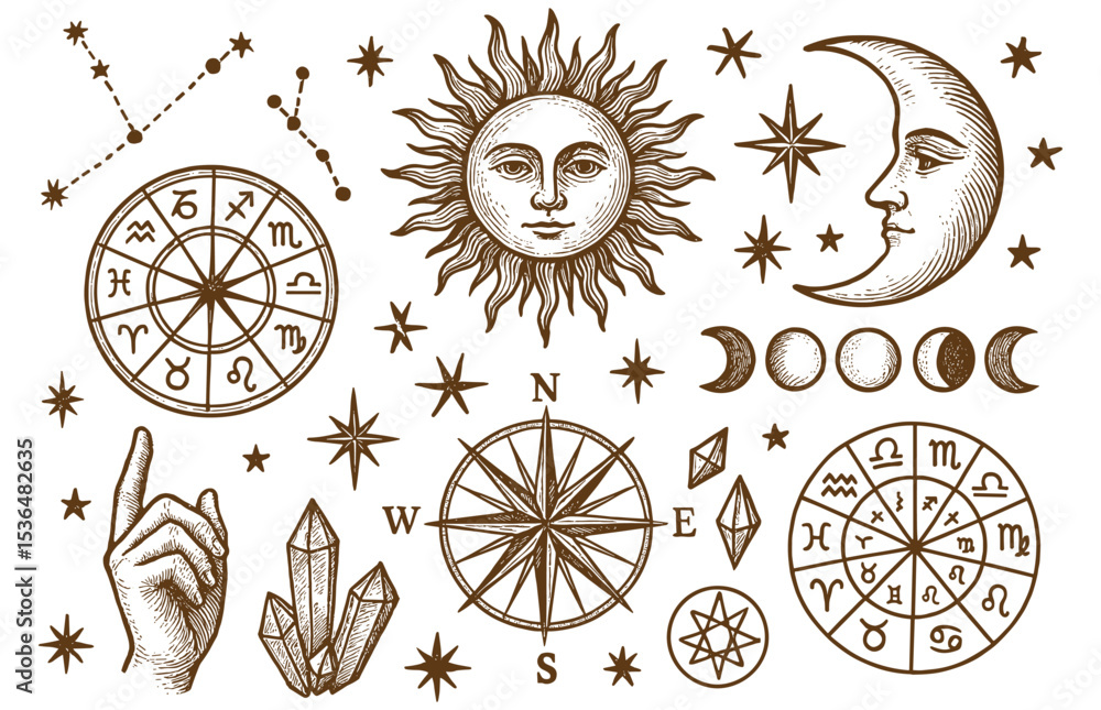 Mystical celestial elements hand drawn set sun moon zodiac ...