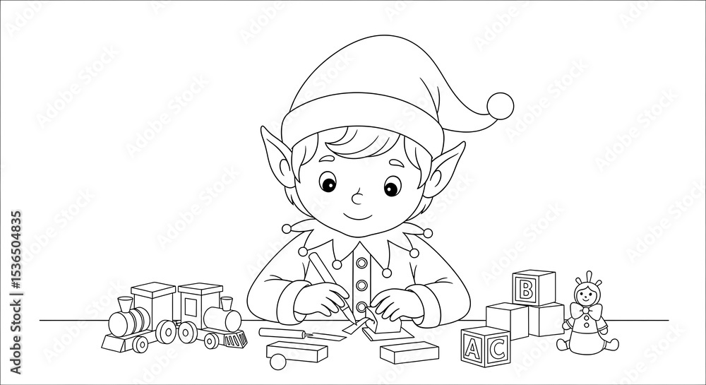 Christmas elf making toys coloring page for kids holiday activity ...