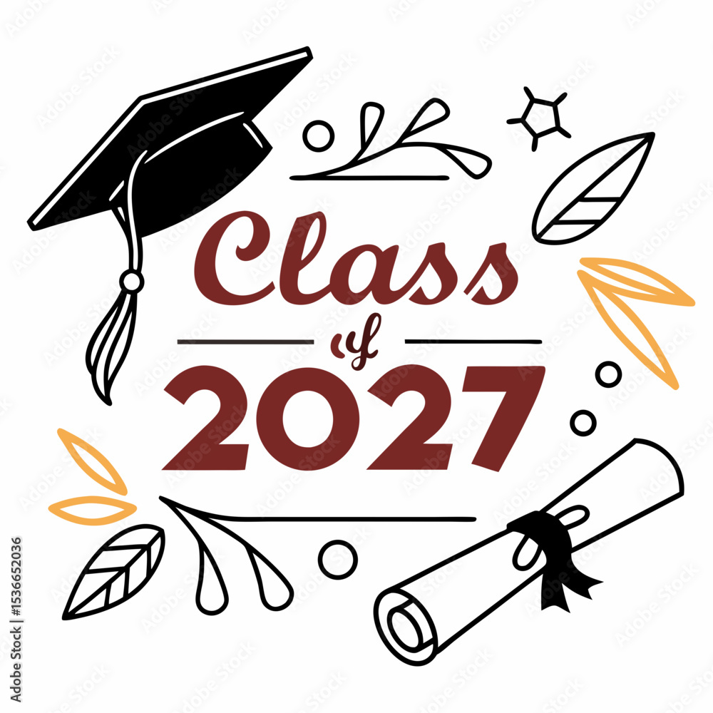 Class of 2027 graduation design cap diploma leaves Stock Vector | Adobe ...