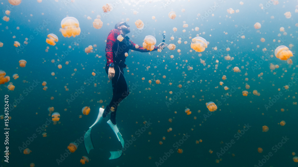 Freediver swims underwater in the lake full of jellyfish. West Papua ...