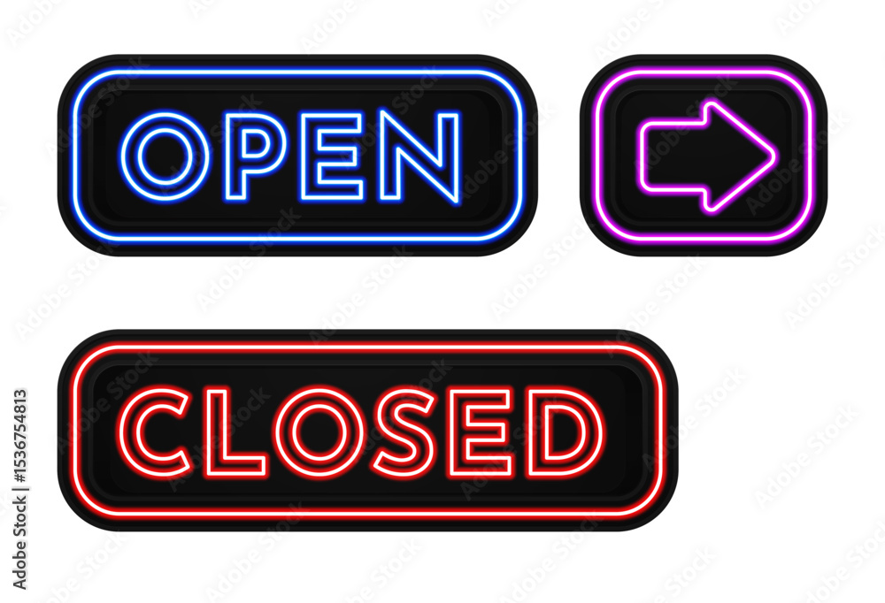 Neon Open and Closed signs with an arrow icon Stock Vector | Adobe Stock