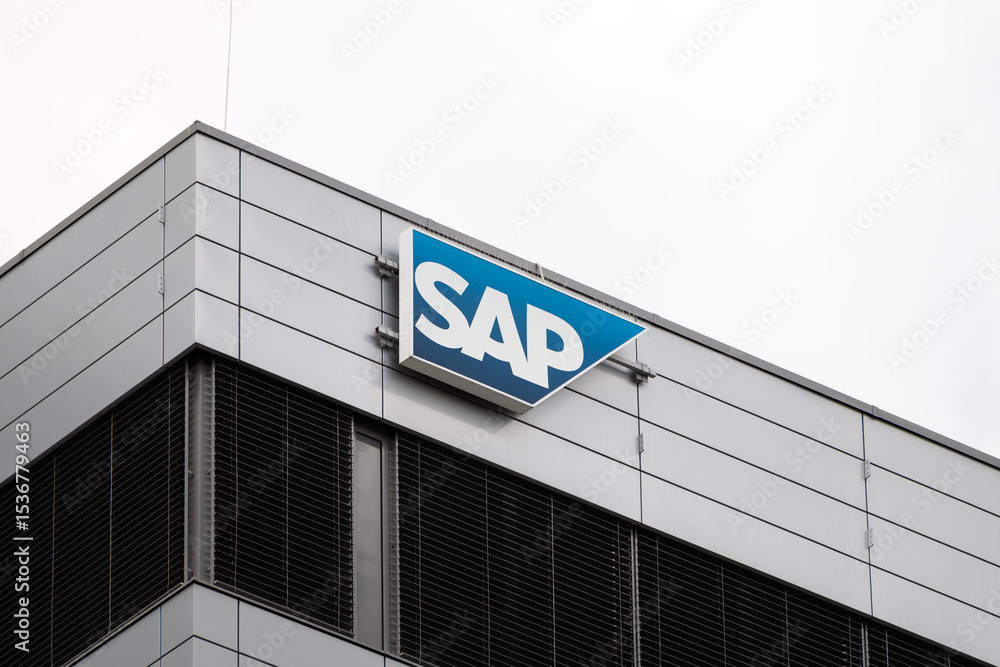 PRAGUE, CZECHIA - 29. May 2025: SAP logo sign on an office building ...