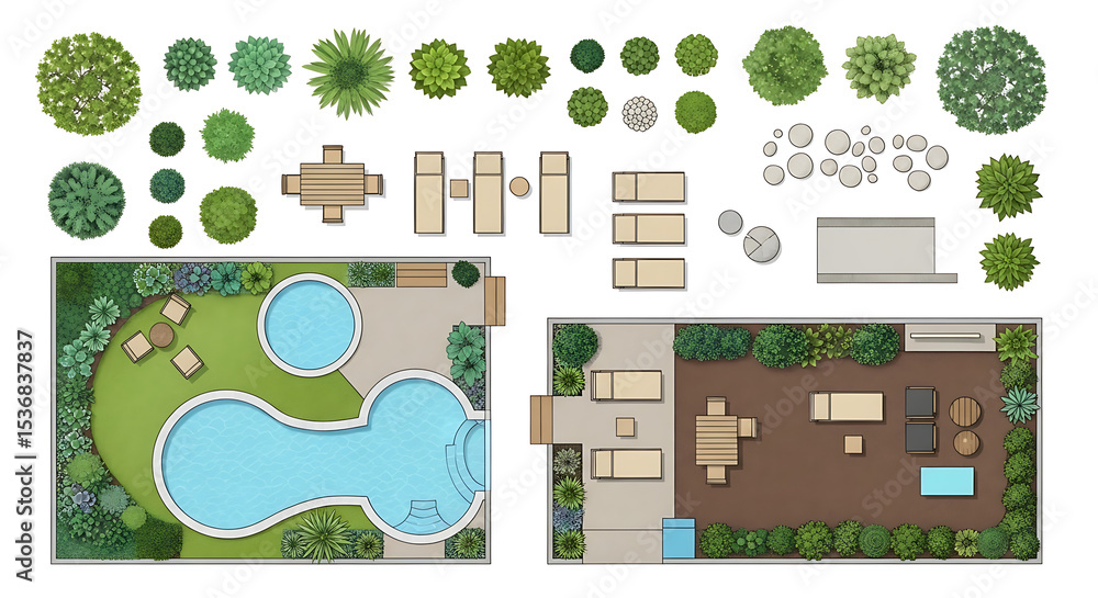 Overhead view illustration of a landscaped backyard with pool patio ...