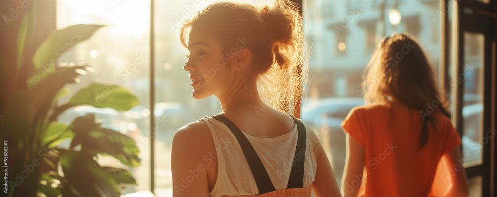 Girl with scoliosis wearing a back brace in a sunny cafe interacting ...