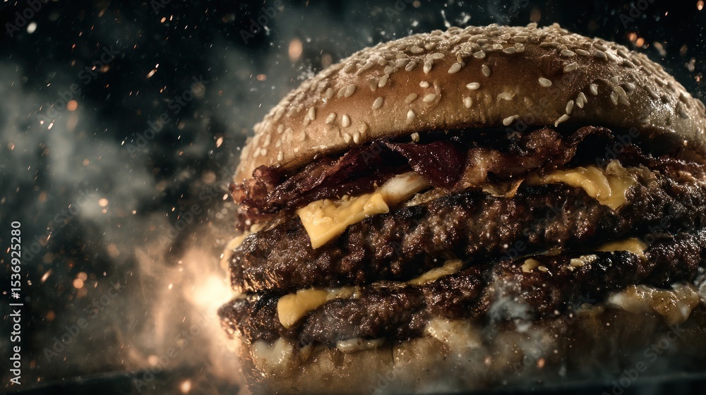 Hyper-realistic 4K close-up of a towering cheeseburger bursting upward ...