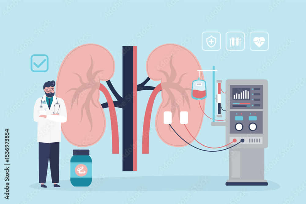 Sick kidneys on hemodialysis therapy. Doctor nephrologist controlling ...