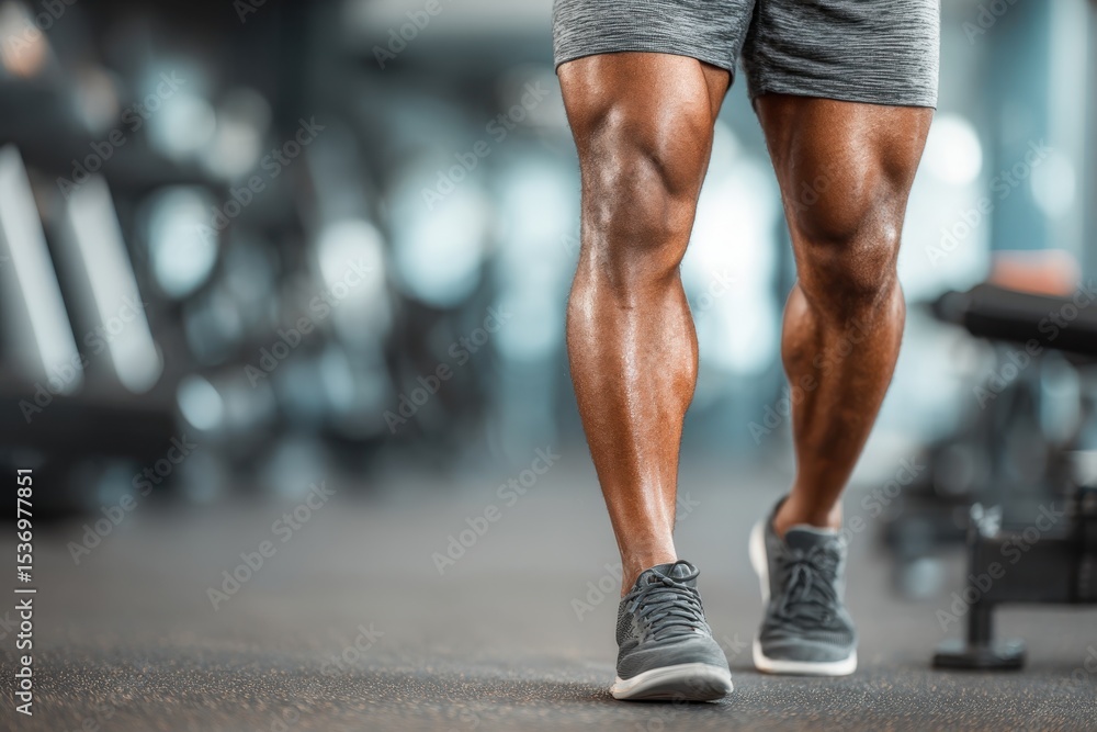 Close-up of a muscular male legs in a gym, showcasing fitness and ...